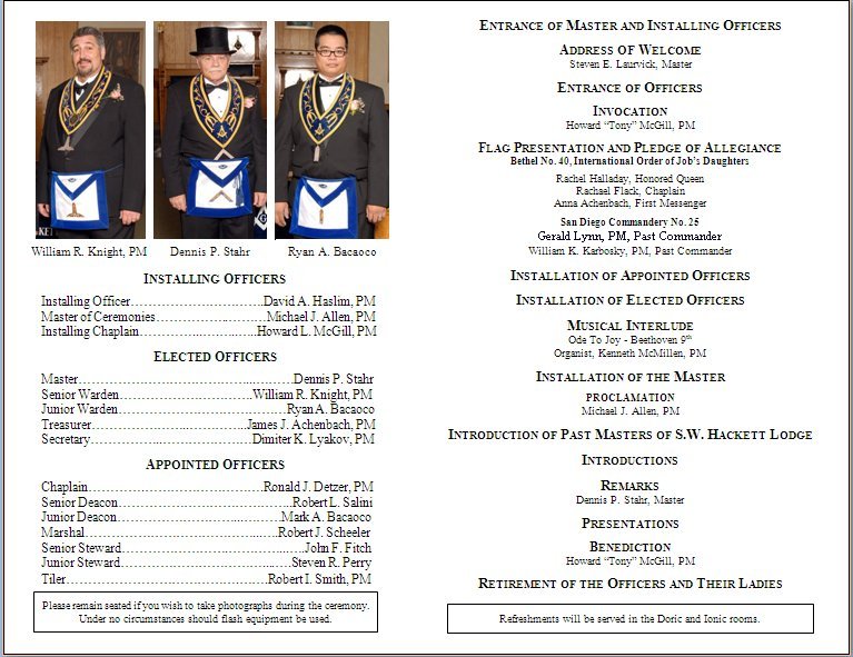 Masonic Lodge San Diego 2012 installation